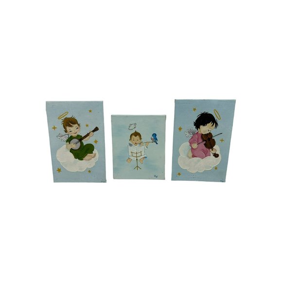 Art | Vintage Set Of 3 Hand Painted Small Angels Playing Musical ...